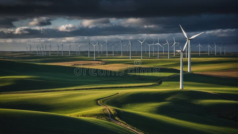 An Image of a Wind Farm with Rows of Wind Turbines Spinning in the Wind ...
