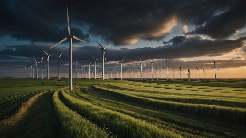 An Image of a Wind Farm with Rows of Wind Turbines Spinning in the Wind ...