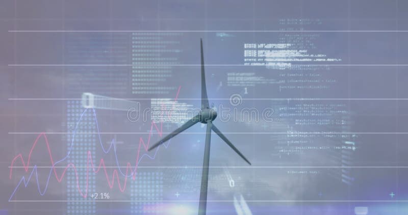 Image of Wind Turbine Turning, Data Processing and Stock Exchange Graph ...