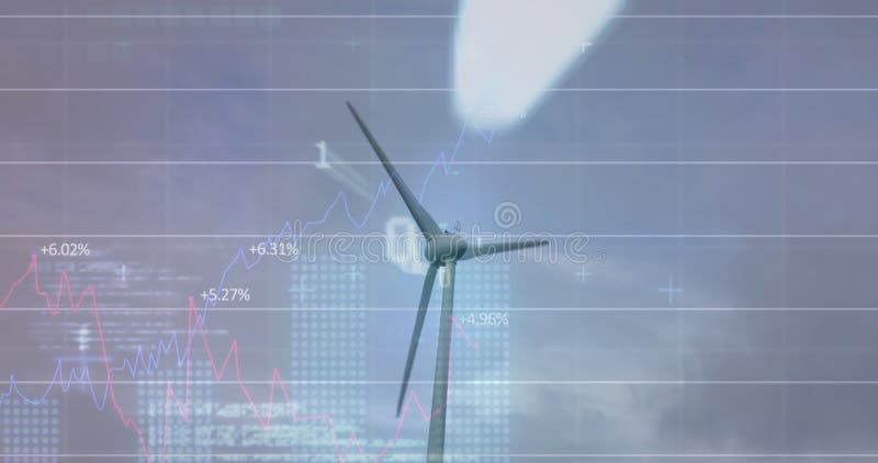 Image of Wind Turbine Turning, Data Processing and Stock Exchange Graph ...