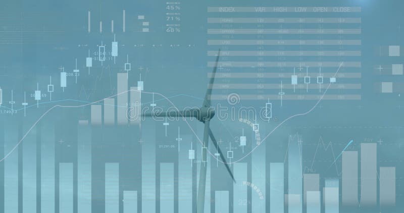 Image of Wind Turbines Moving in Countryside and Stock Exchange Graph ...