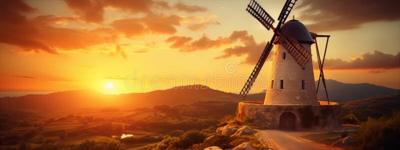 An Image of a Windmill at Sunset in a Rural Landscape with a Bright ...