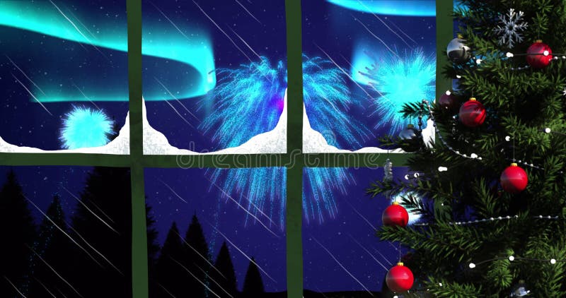 Image of Window with Christmas Tree and Fireworks Exploding in Night ...