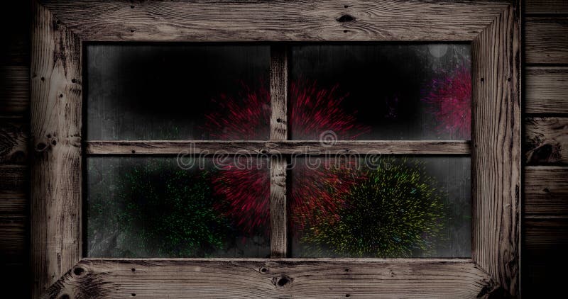 Image of Window with Colourful Christmas and New Year Fireworks ...