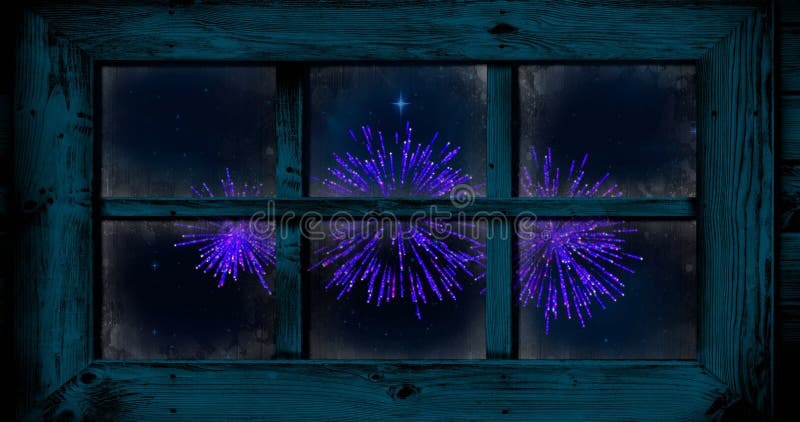 Image of Window with Purple Christmas and New Year Fireworks Exploding ...