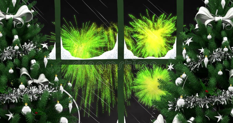 Image of Window with Snow, Christmas Trees and Green Fireworks ...