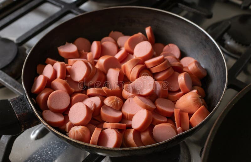 Chopped hot dogs in a pan stock photo. Image of dessert - 307585334