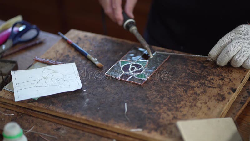 A Woman Creating Stained Glass Works Stock Video - Video of stained ...