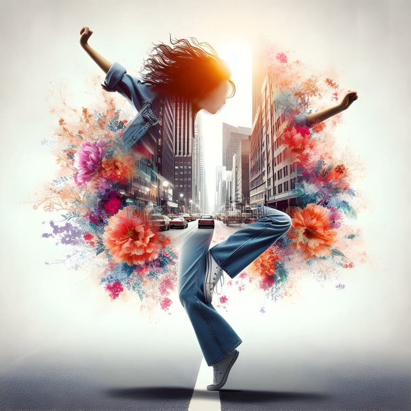 Image of a Woman Dancing on a Solid City Street Background with a ...