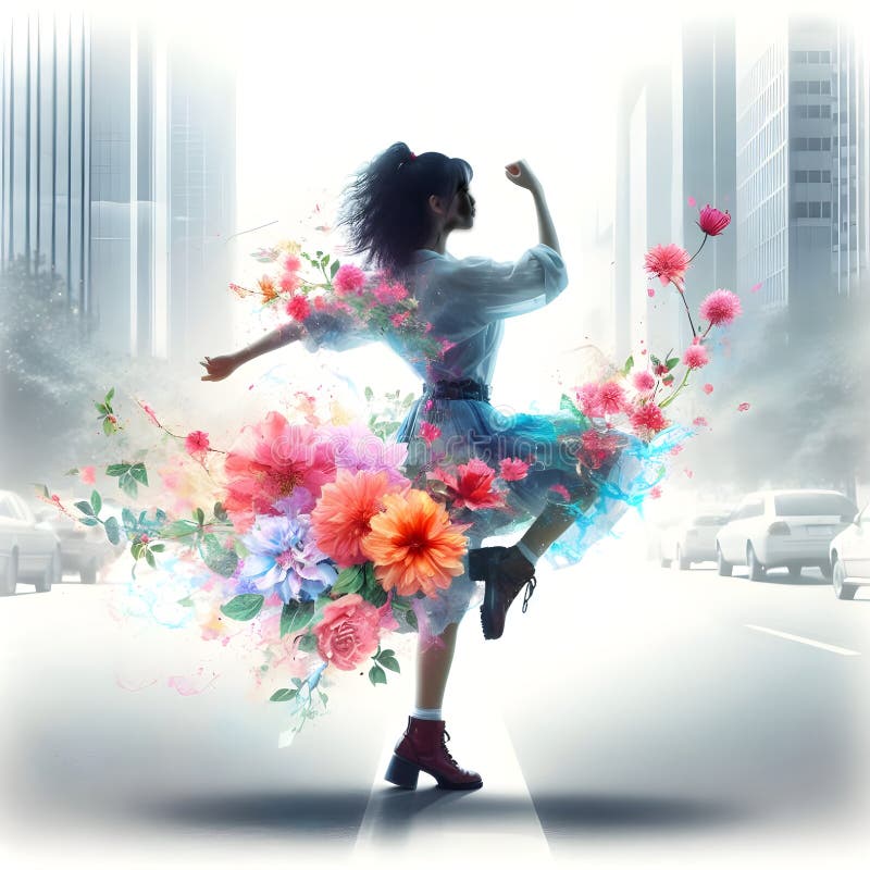 Image of a Woman Dancing on a Solid City Street Background with a ...