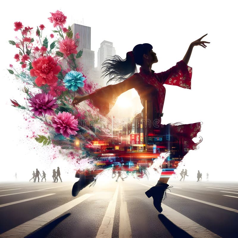 Image of a Woman Dancing on a Solid City Street Background with a ...
