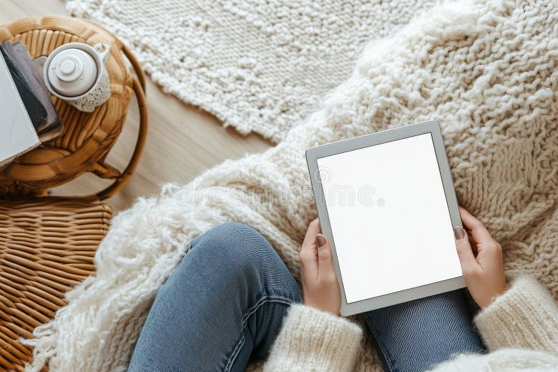 Image of a Woman at Home Using a Tablet Pc with a Blank White Desktop ...