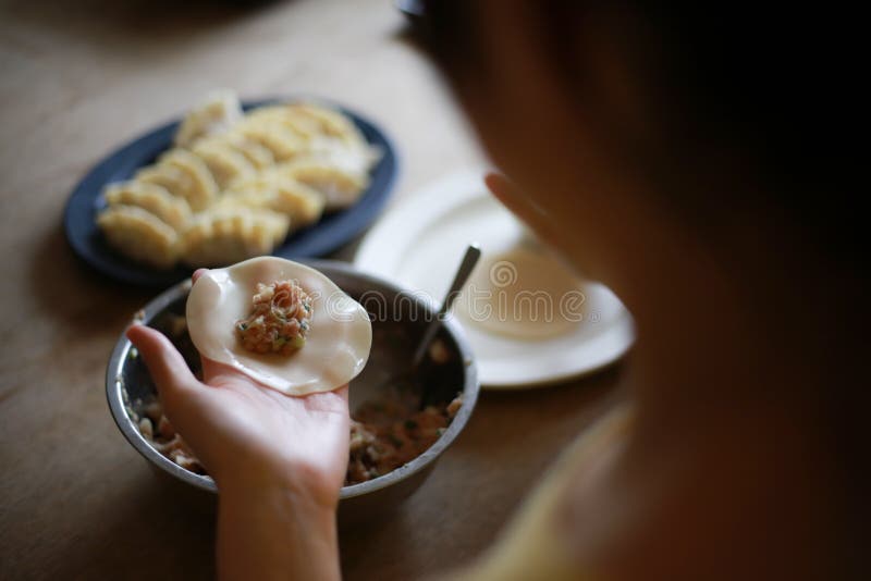 Female making dumplings stock image. Image of dishes - 241690901