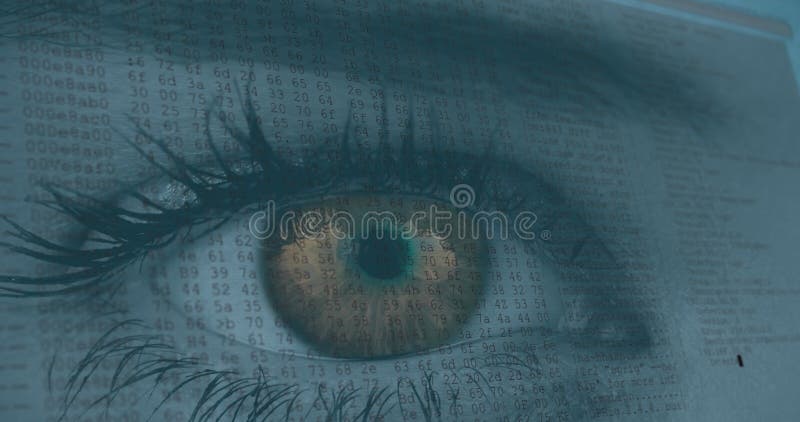 Image of Woman S Amber Eye with Fast Scrolling Digital Information ...