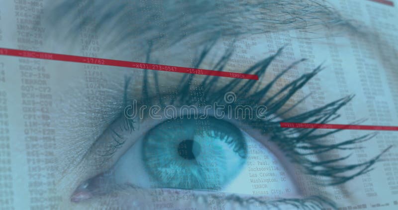 Image of Woman S Blue Eye and Scrolling Digital Information with Red ...