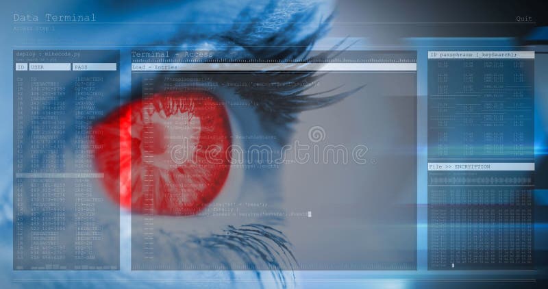 Image of Woman S Red Eye with Interface and Fast Scrolling Digital ...