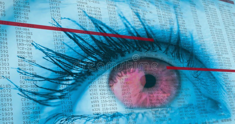 Image of Woman S Red Eye Opening with Scrolling Digital Information and ...