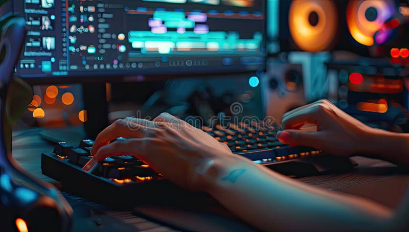 A Woman Sits in Front of Two Computer Monitors, Busy with Electronic ...