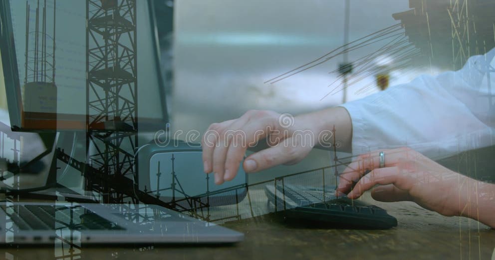 Image of Woman Typing on Computer Keyboard Over Construction Site Stock ...