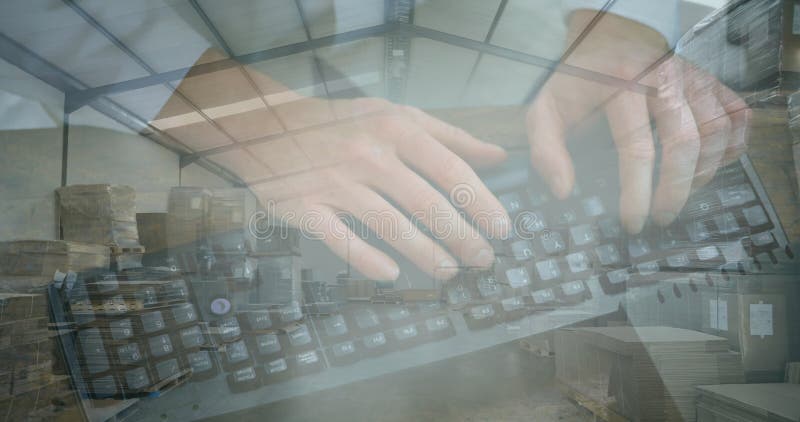 Image of Woman Typing on Computer Keyboard with Stacks of Boxes in ...