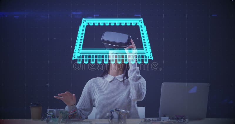 Image of Woman Wearing Vr Headset Touching Virtual Screen with 3d Model ...