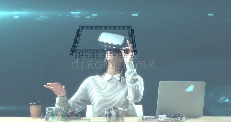 Image of Woman Wearing Vr Headset Touching Virtual Screen with 3d Model ...