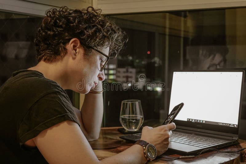 Image of Woman Working at Night in Front of the Computer Stock Photo ...