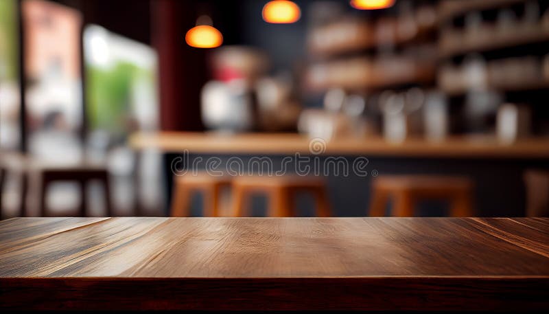 Image of Wooden Table in Front of Abstract Blurred Restaurant Lights ...