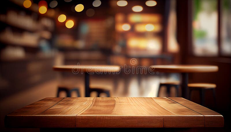 Image of Wooden Table in Front of Abstract Blurred Restaurant Lights ...