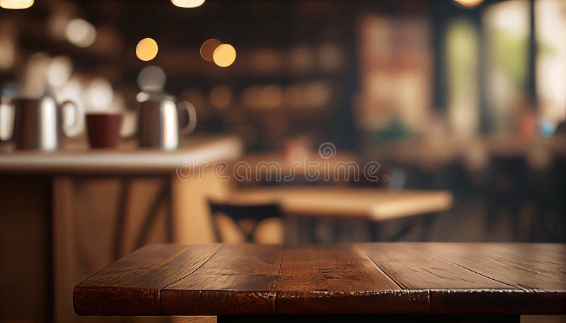 Image of Wooden Table in Front of Abstract Blurred Restaurant Lights ...