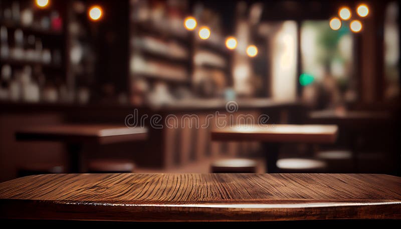 Image of Wooden Table in Front of Abstract Blurred Restaurant Lights ...