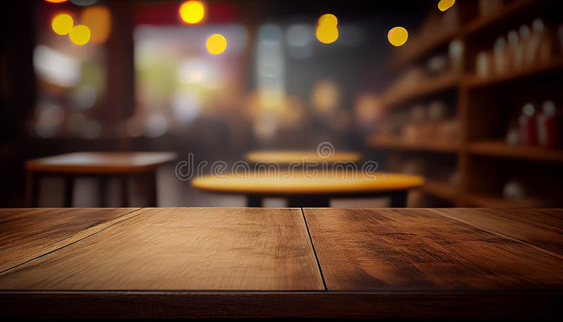 Image of Wooden Table in Front of Abstract Blurred Restaurant Lights ...