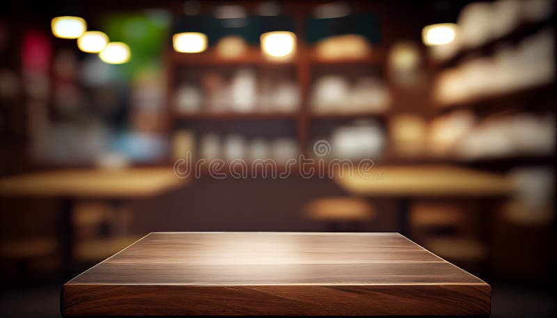Image of Wooden Table in Front of Abstract Blurred Restaurant Lights ...