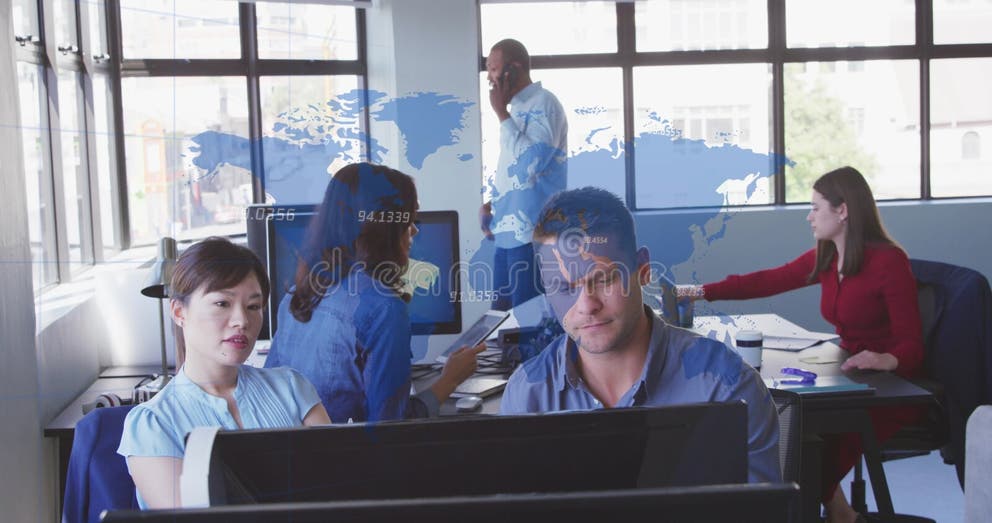 Image of World Map Against Diverse Male and Female Colleagues Using ...