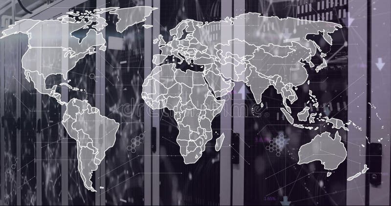 Image of World Map and Arrows Over Shapes and Server Room Stock ...