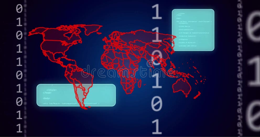 Image of World Map, Binary Coding and Data Processing Over Dark Background Stock Illustration ...