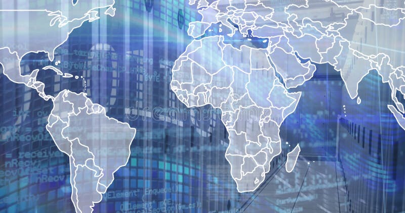 Image Of World Map Binary Coding And Data Processing Over Empty Computer Server Room Stock