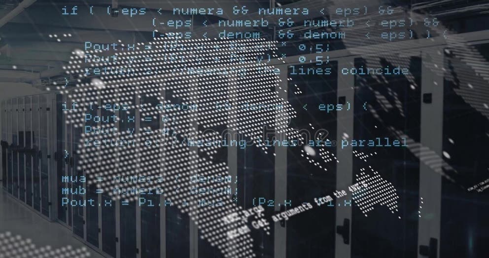Image of World Map and Coding Data Processing Over Computer Server Room Stock Photo - Image of ...
