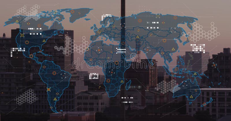Image of World Map and Data Processing Against Aerial View of Cityscape ...