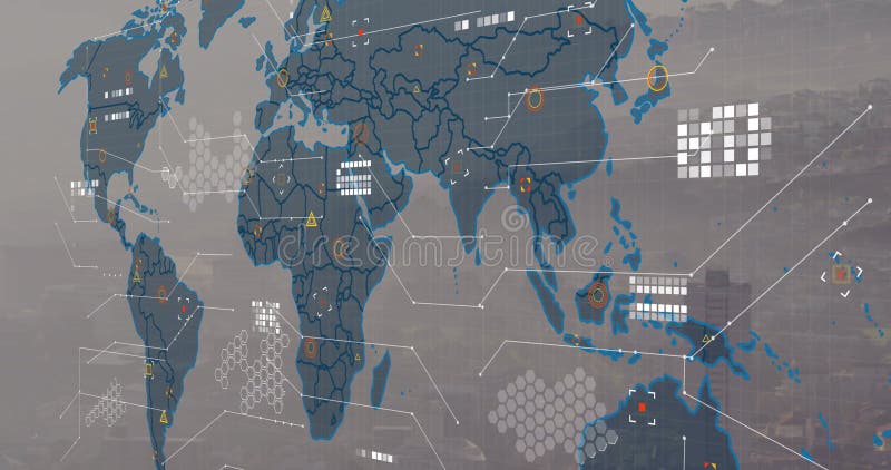 Image of World Map and Data Processing Against Aerial View of Cityscape Stock Photo - Image of ...
