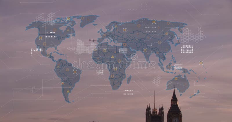 Image of World Map and Data Processing Against Aerial View of London ...