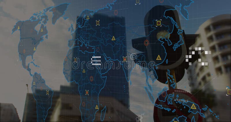 Image of World Map and Data Processing Against Traffic Signal Light on ...