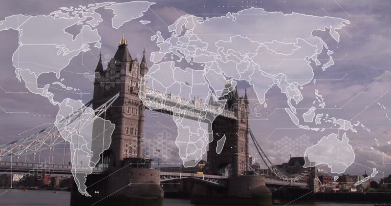 Image of World Map and Data Processing Against View of London Bridge ...