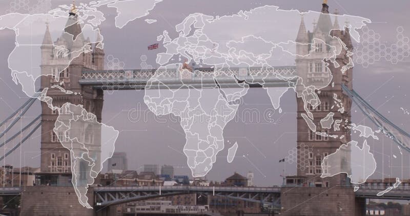 Image of World Map and Data Processing Against View of London Bridge ...