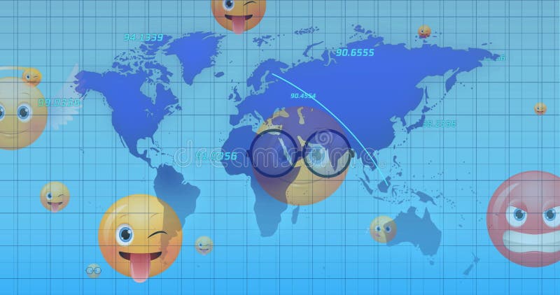 Image of World Map with Data Processing Over Emoji Icons on Blue ...