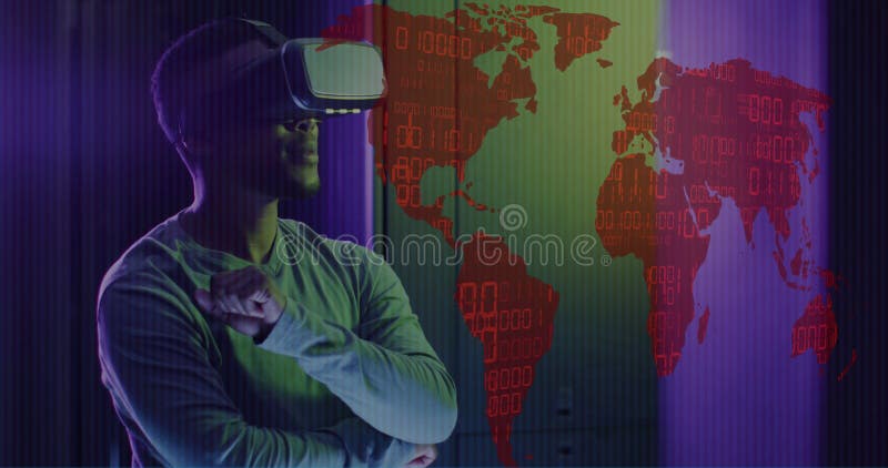Image of World Map and Data Processing Over Man Wearing Vr Headset and ...
