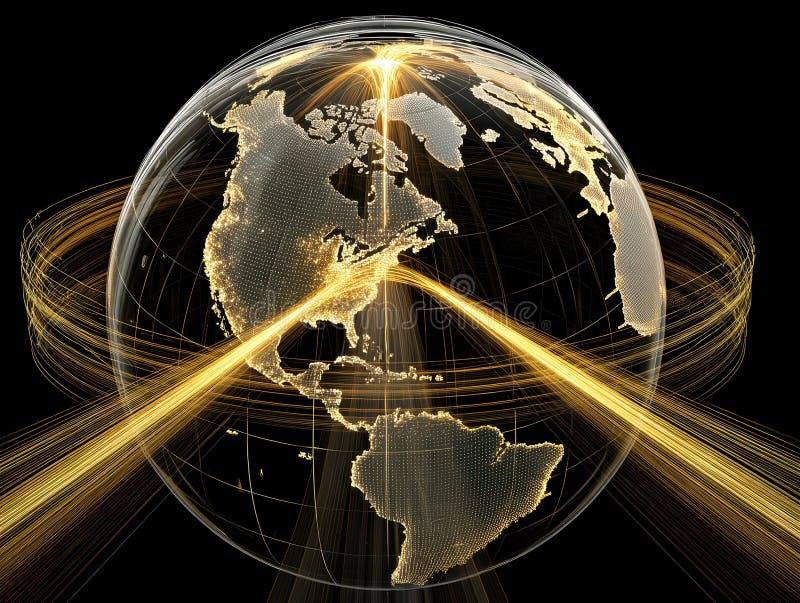 Image of a World Map Inside a Globe, Radiating Light Beams Symbolizing ...