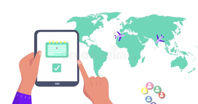 Image of World Map and Media Icons Over Hands Using Tablet Stock ...