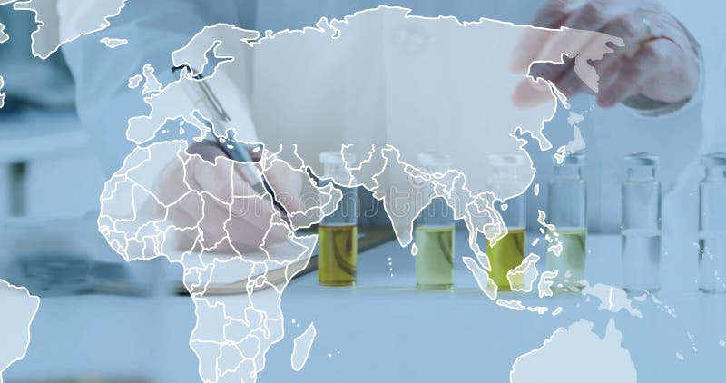 Image of World Map Over Caucasian Male Scientist in Laboratory Stock ...