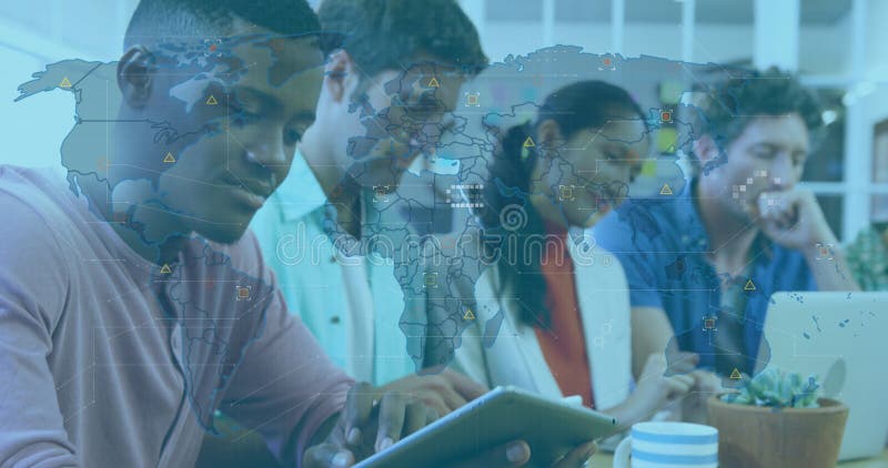 Image of World Map Over Diverse Business People Working at Office Stock ...